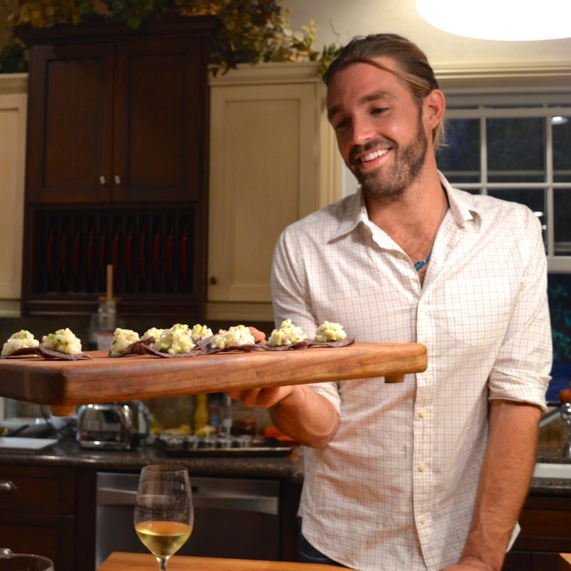 CEVICHE ON CORN CRISPS WITH AVOCADO AND RED ONION